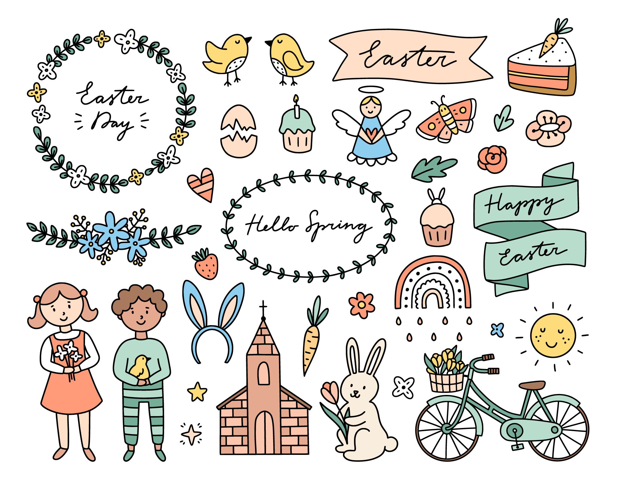 Easter Clipart Set, Bunny and Spring Doodle PNG, Cute Easter ...