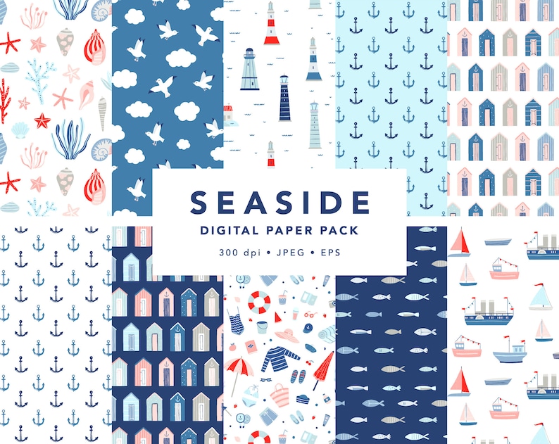 Nautical Seaside Digital Paper Pack – Beach Scrapbook Papers (JPEG, EPS ...