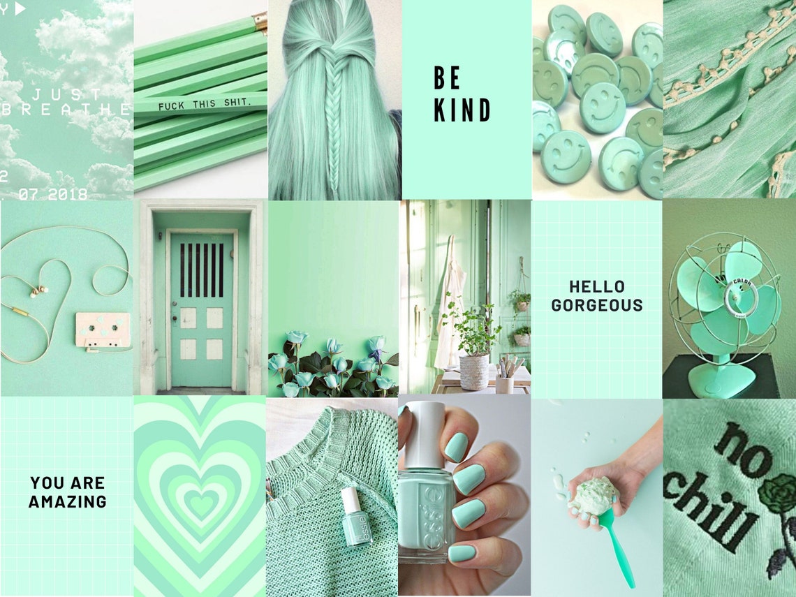100 Mint Green Collage Kit, Green Pastel Wall Collage, Mint Aesthetic ...