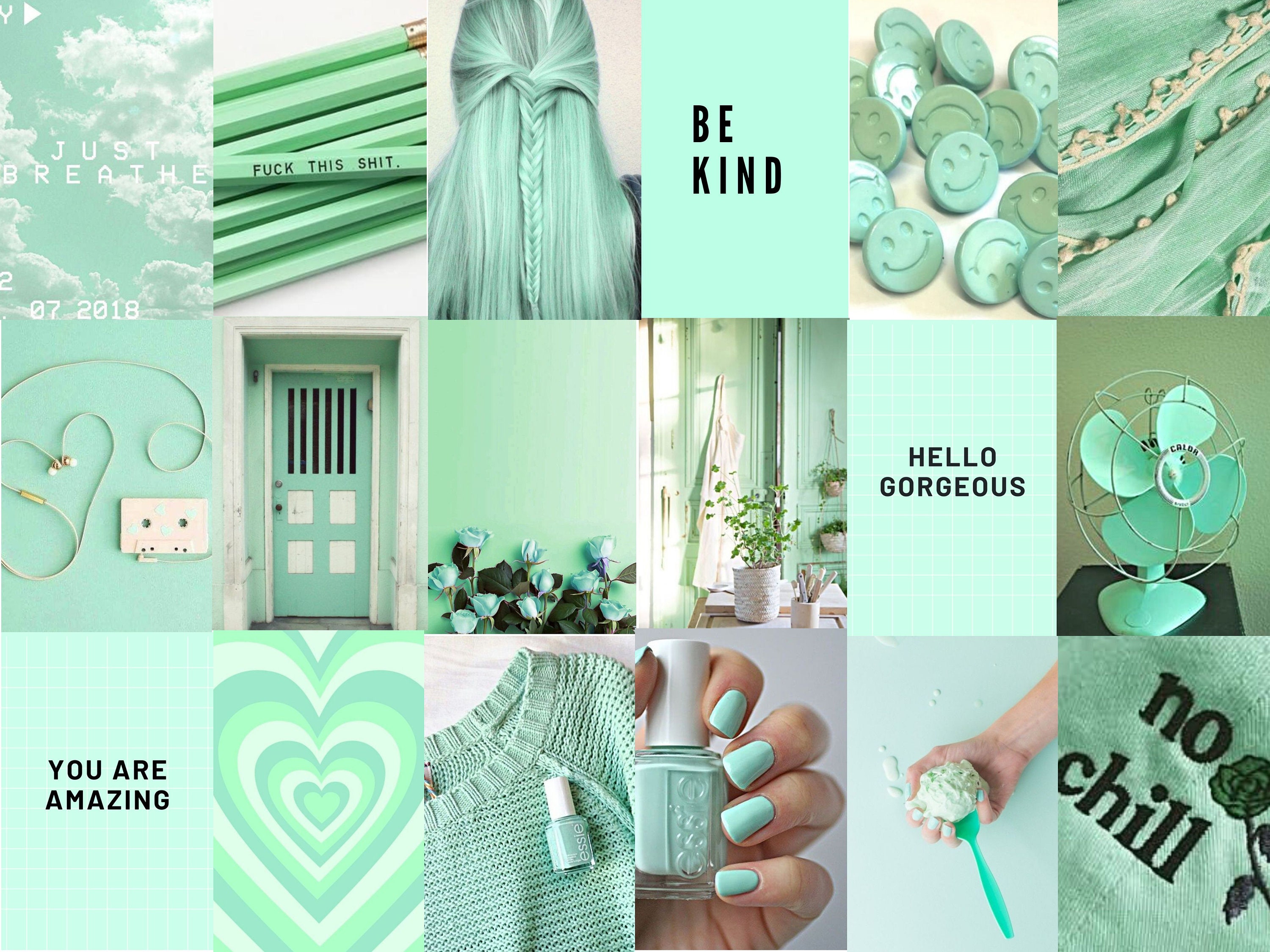 100 Mint Green Collage Kit, Green Pastel Wall Collage, Mint Aesthetic ...