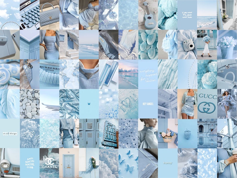 100 Baby Blue Pastel Collage Kit, Blue Pastel Wall Collage, Blue ...