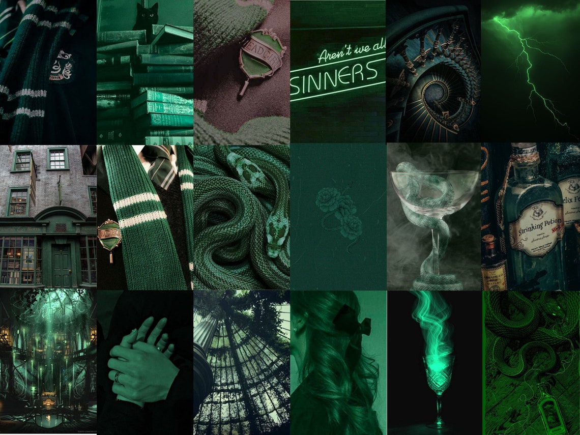 100 Slytherin Wizard Wall Collage Kit, Set of Magical Green Houses ...