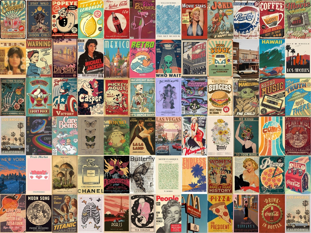 100 Retro Vintage Collage Kit, Retro Wall Collage, Retro Aesthetic Wall ...
