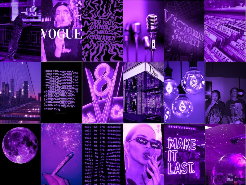 100 Neon Purple Wall Collage Kit, Purple Aesthetic Collage Kit, Neon ...