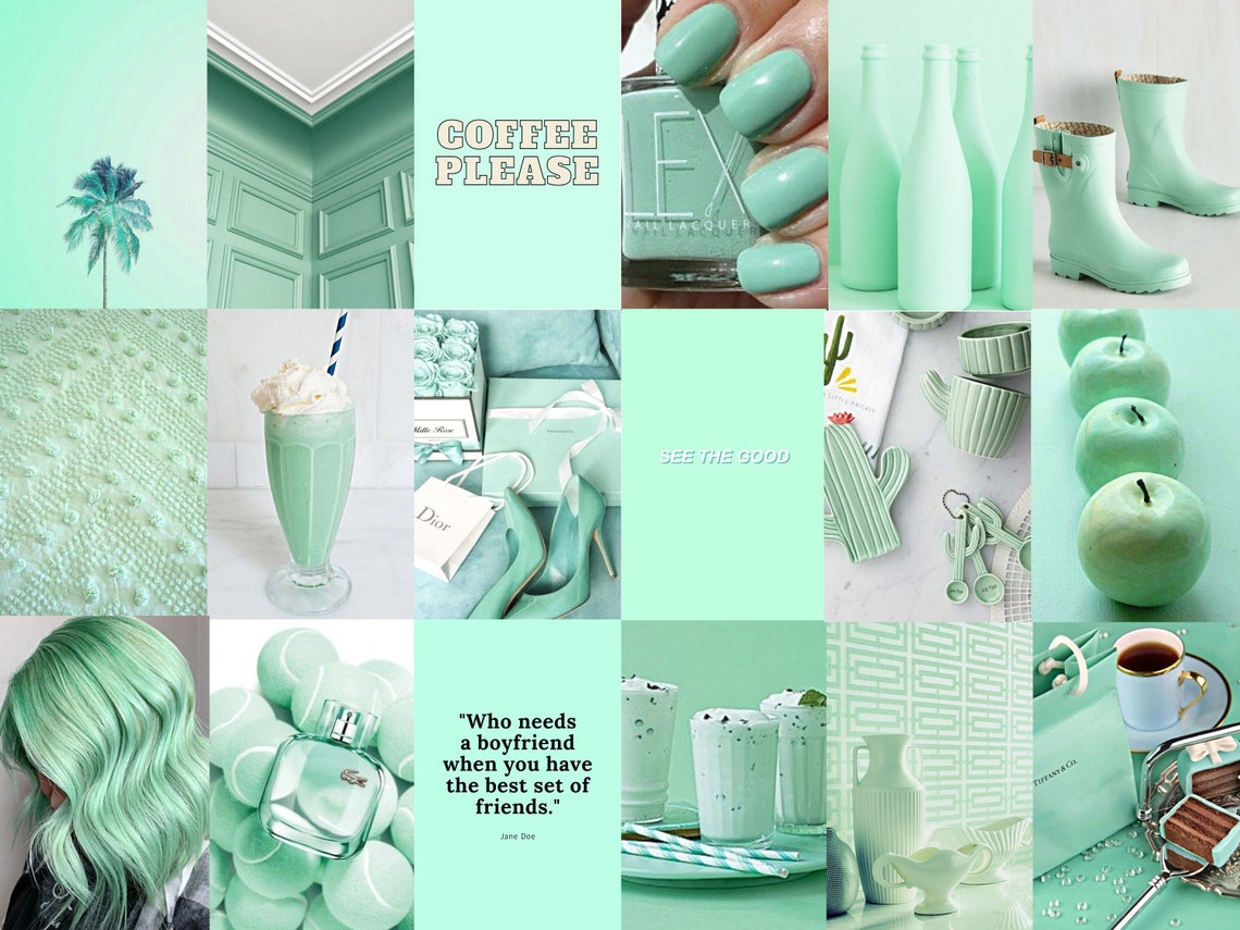 100 Mint Green Collage Kit, Green Pastel Wall Collage, Mint Aesthetic ...