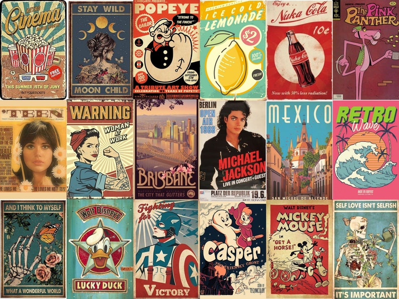 100 Retro Vintage Collage Kit, Retro Wall Collage, Retro Aesthetic Wall ...