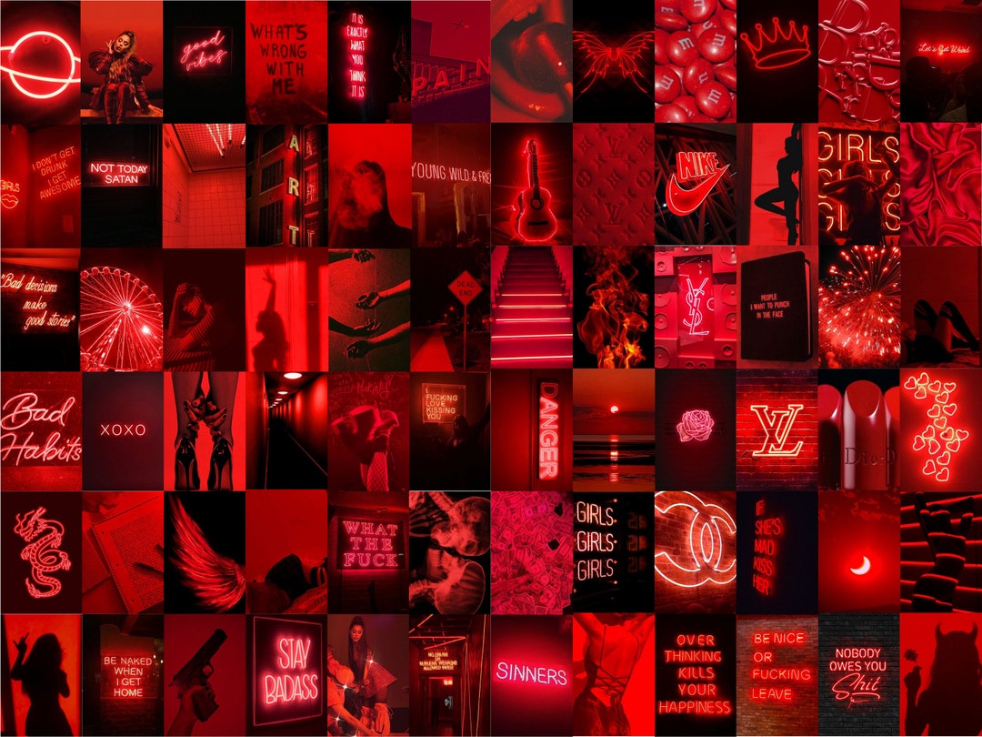 100 Neon Red Wall Collage Kit, Red Aesthetic Photo Prints, Neon Red ...