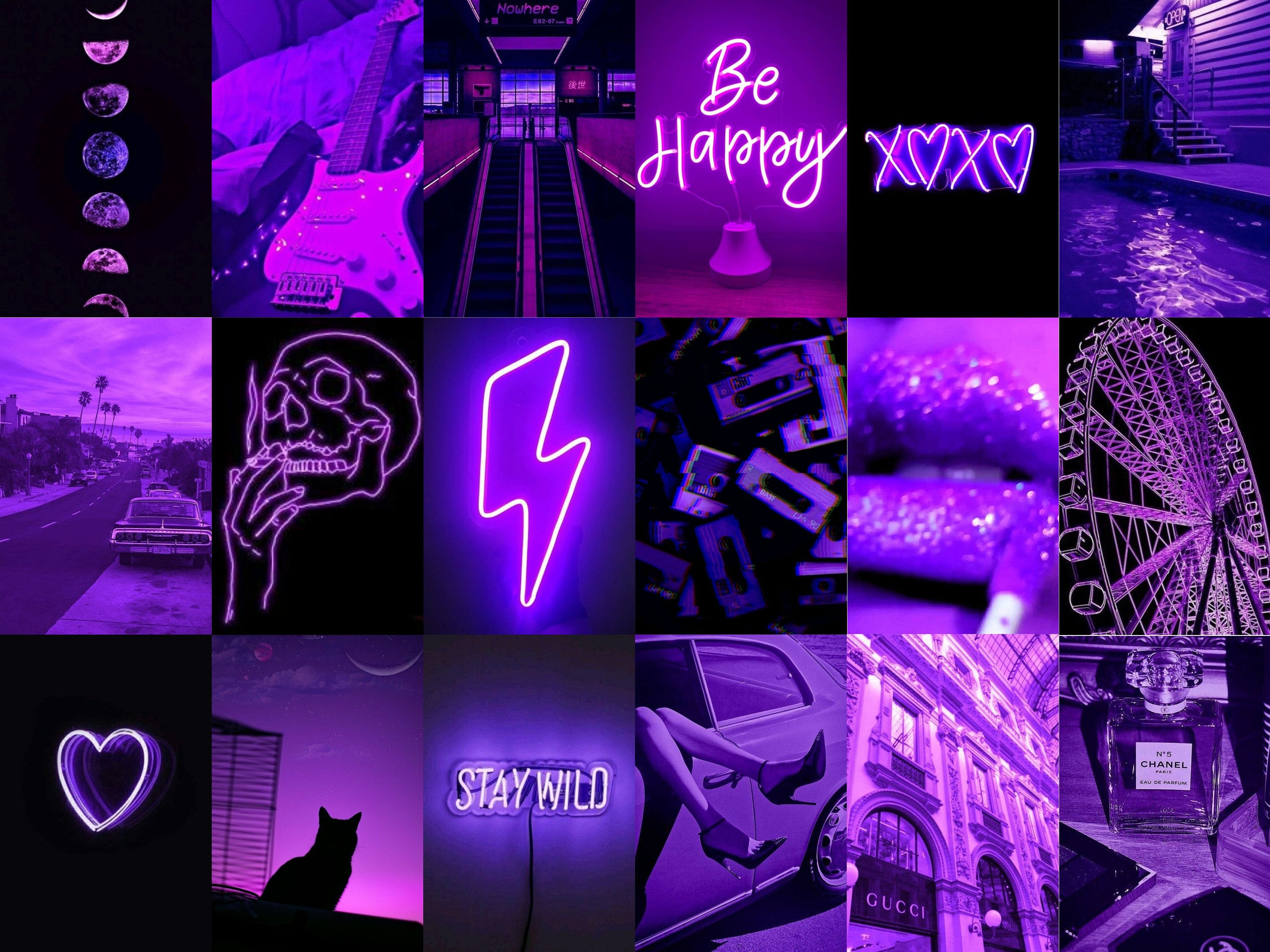 100 Neon Purple Wall Collage Kit, Purple Aesthetic Collage Kit, Neon ...