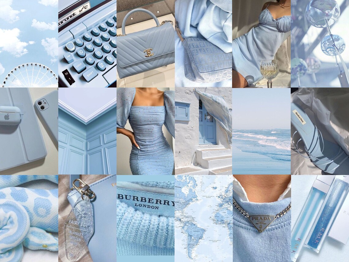 100 Baby Blue Pastel Collage Kit, Blue Pastel Wall Collage, Blue ...