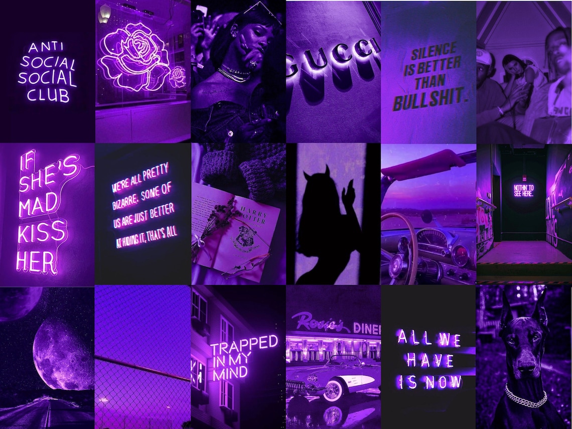 100 Neon Purple Wall Collage Kit, Purple Aesthetic Collage Kit, Neon ...