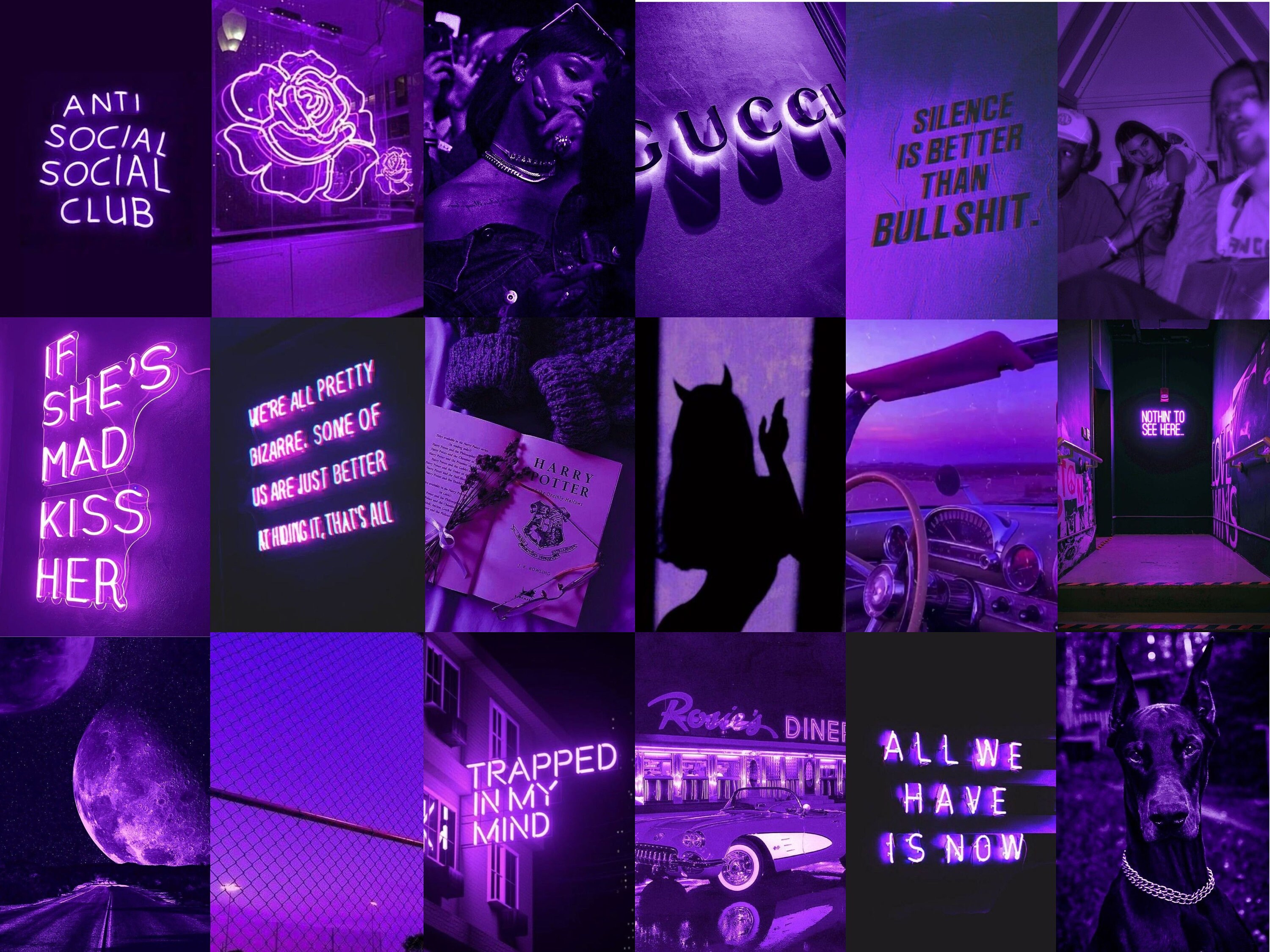 100 Neon Purple Wall Collage Kit, Purple Aesthetic Collage Kit, Neon ...