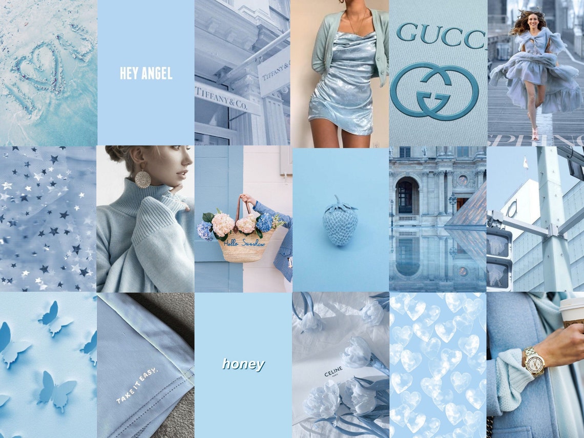 100 Baby Blue Pastel Collage Kit, Blue Pastel Wall Collage, Blue ...
