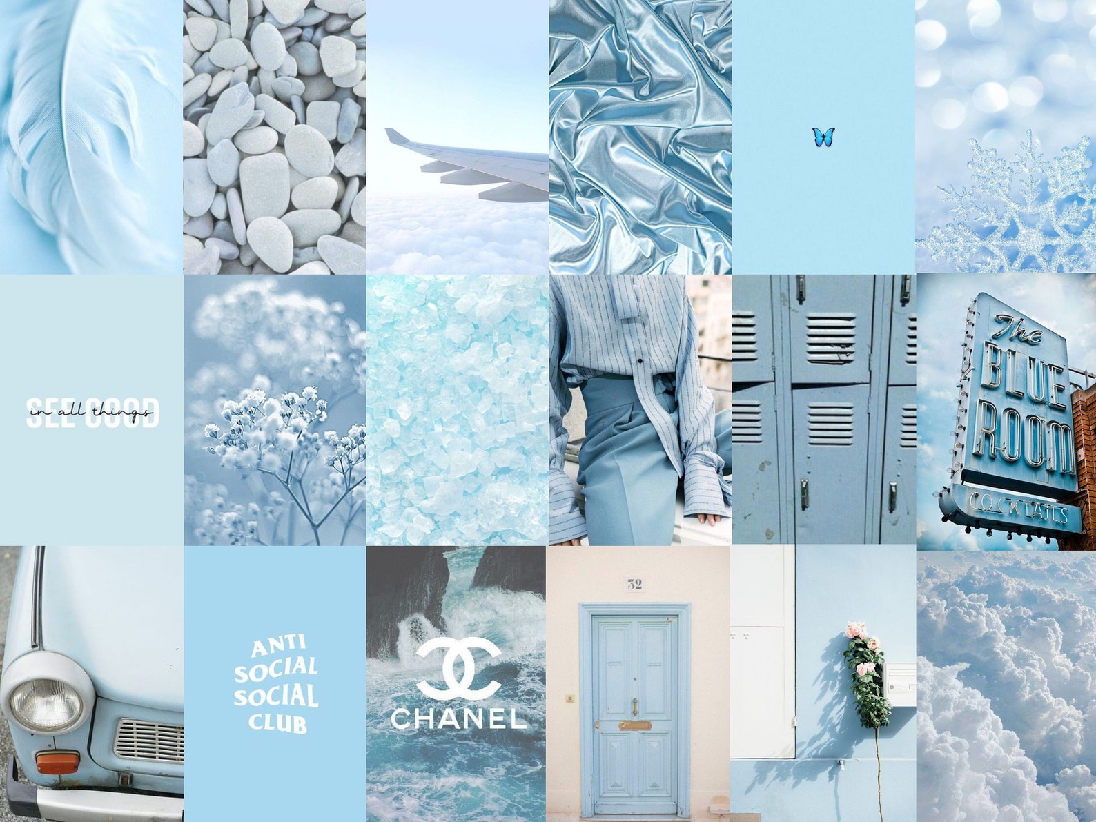 100 Baby Blue Pastel Collage Kit, Blue Pastel Wall Collage, Blue ...