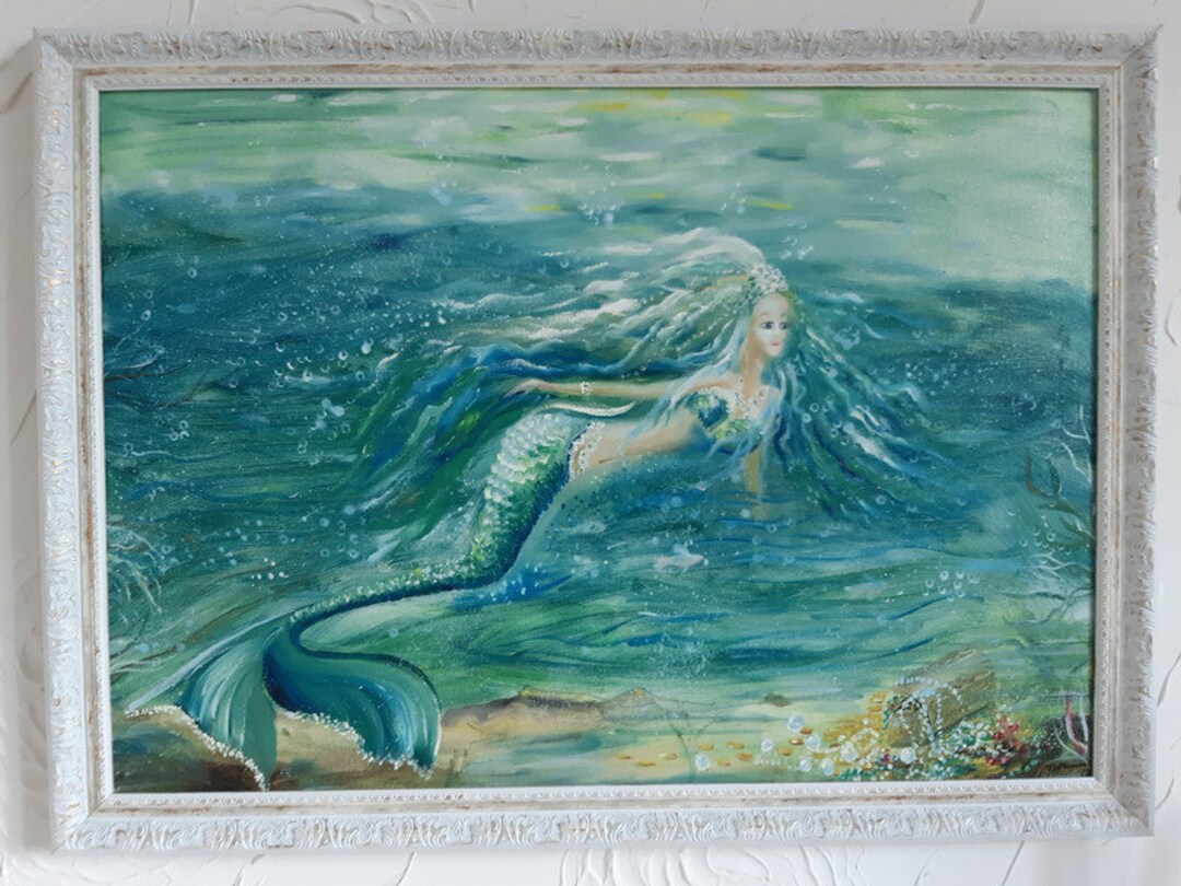 Painted Painting With the Sea , Mermaid Holdings , Oil on Canvas,framed ...