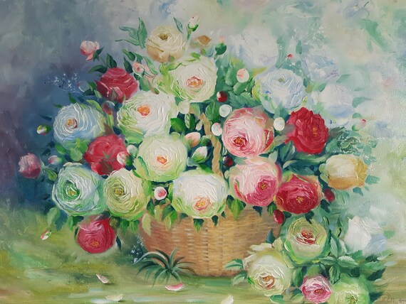 Painted painting with flowers White roses Basket of wild | Etsy