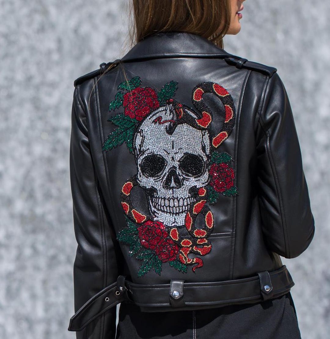Skull Snake Bedazzled, Rhinestone, Crystals Leather Jacket, Bling Biker ...