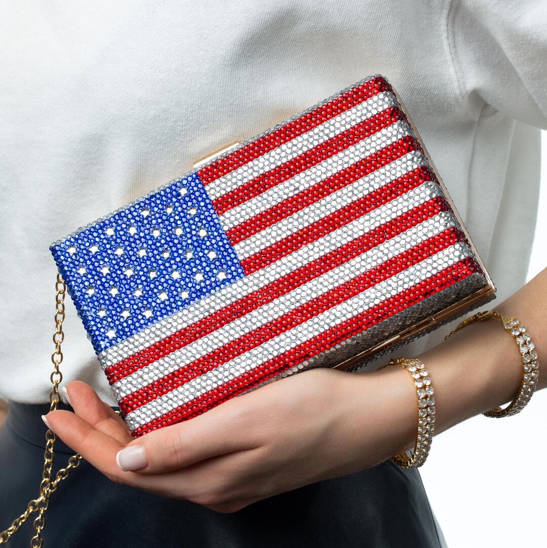 USA Flag Themed Bedazzled Evening Clutch, Bling Luxury Rhinestone ...
