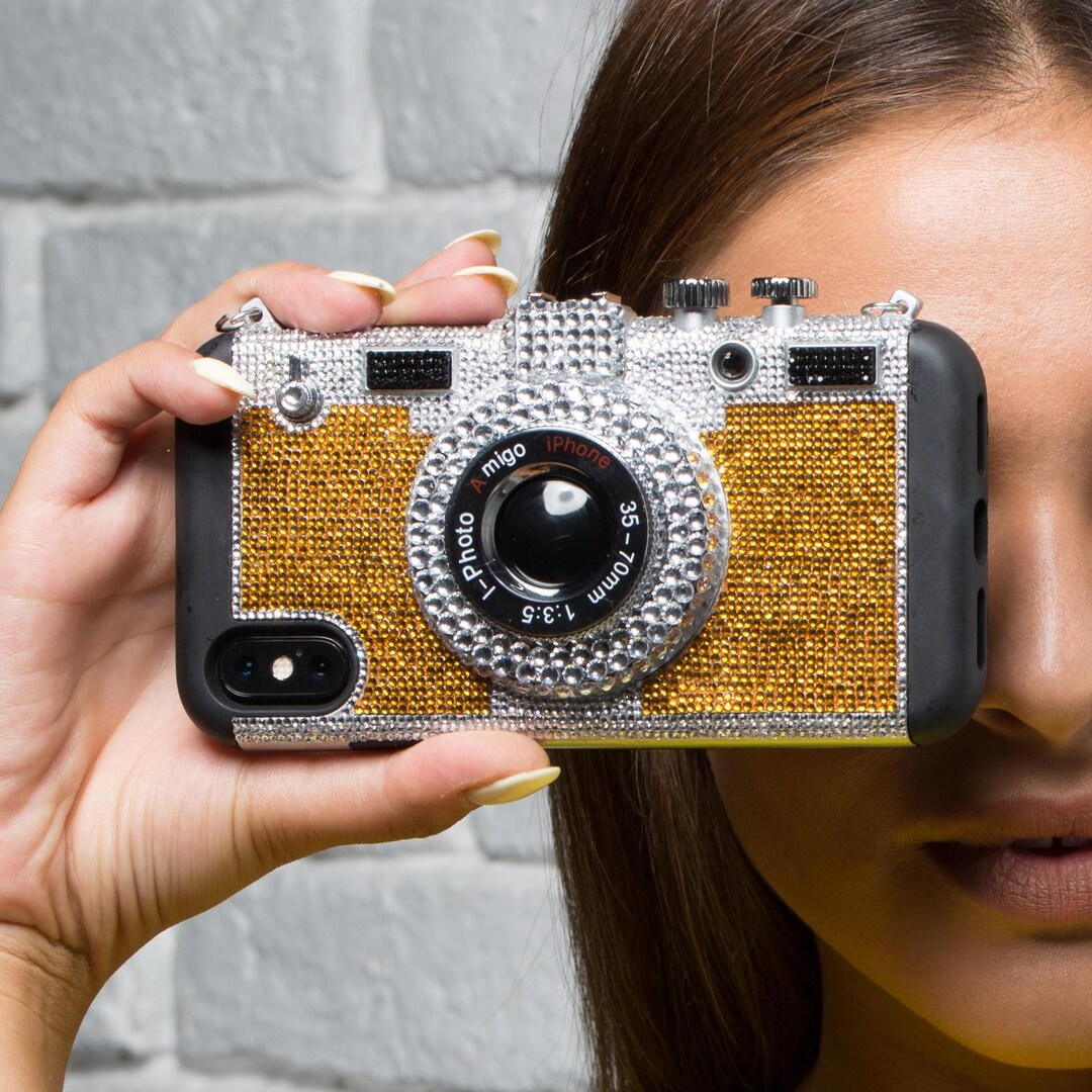 Gold Camera Themed Bedazzled Phone Case, Rhinestone Bling Cover for ...