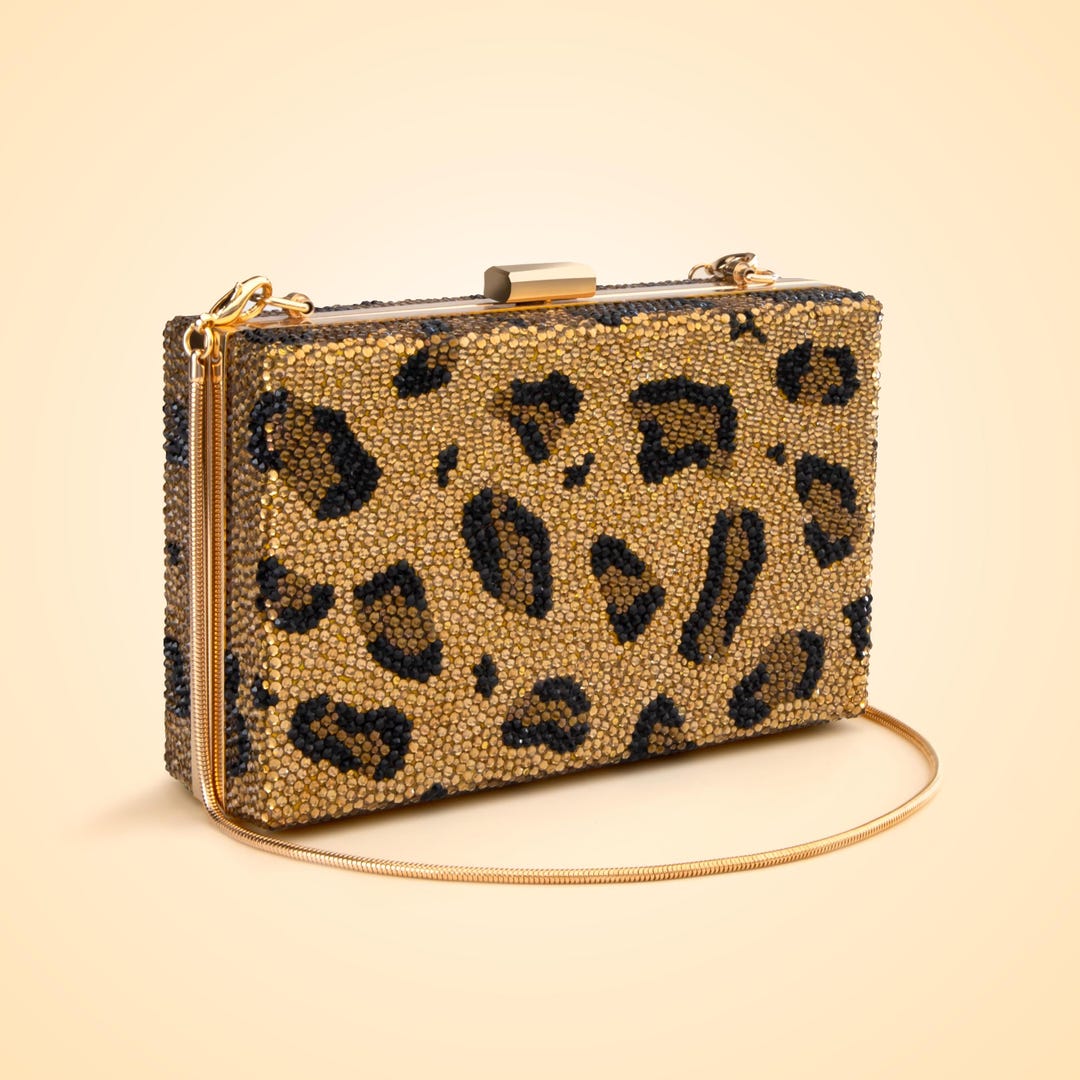 Leopard Print Bedazzled Evening Clutch, Bling Luxury Rhinestone Handbag ...