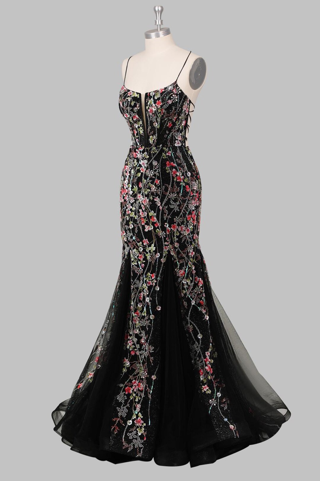 Black Flower Embroidery and Sequin Prom Dress, Custom Long Party Dress ...