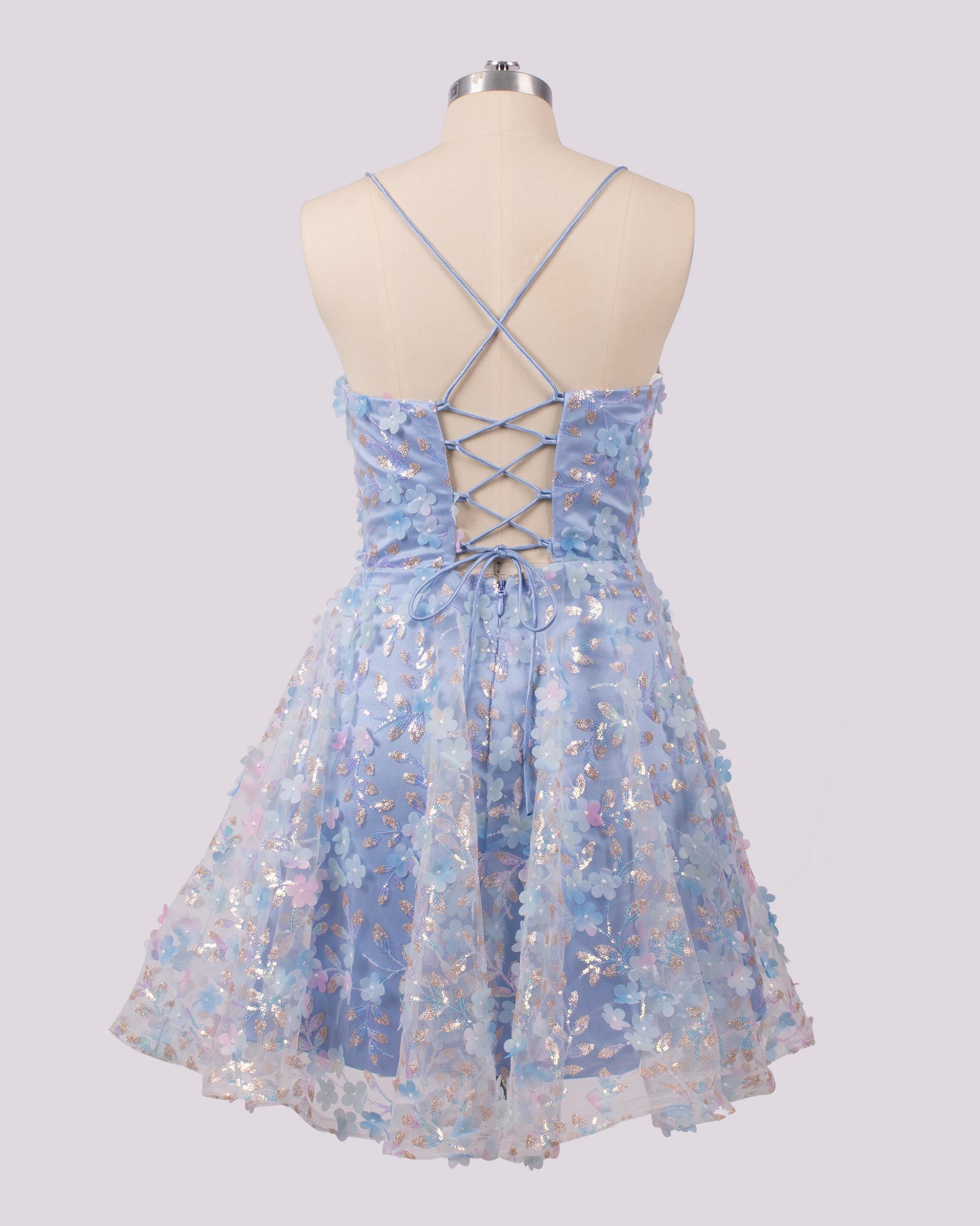 Flower Sequin Short Prom Dress, Custom Blue Evening Gown - Etsy
