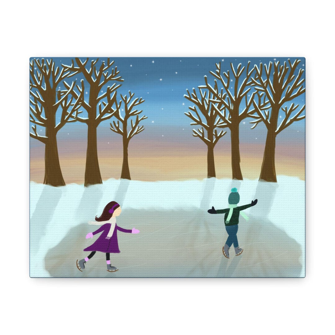Canvas Gallery Wraps, Ice Skating Winter Evening Wall Art Decor, Figure ...