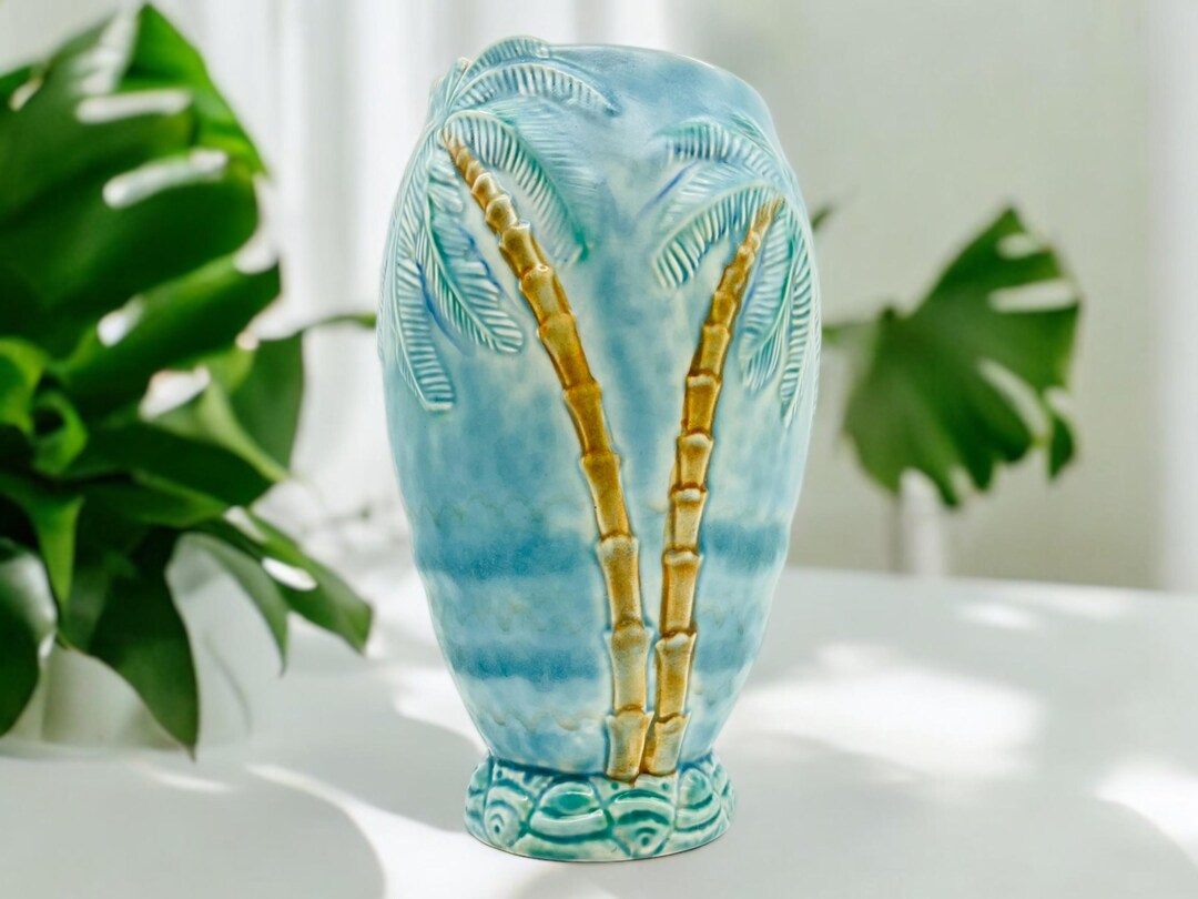 Large Art Deco Beswick Ware Blue Vase With Moulded Palm Trees Detail ...