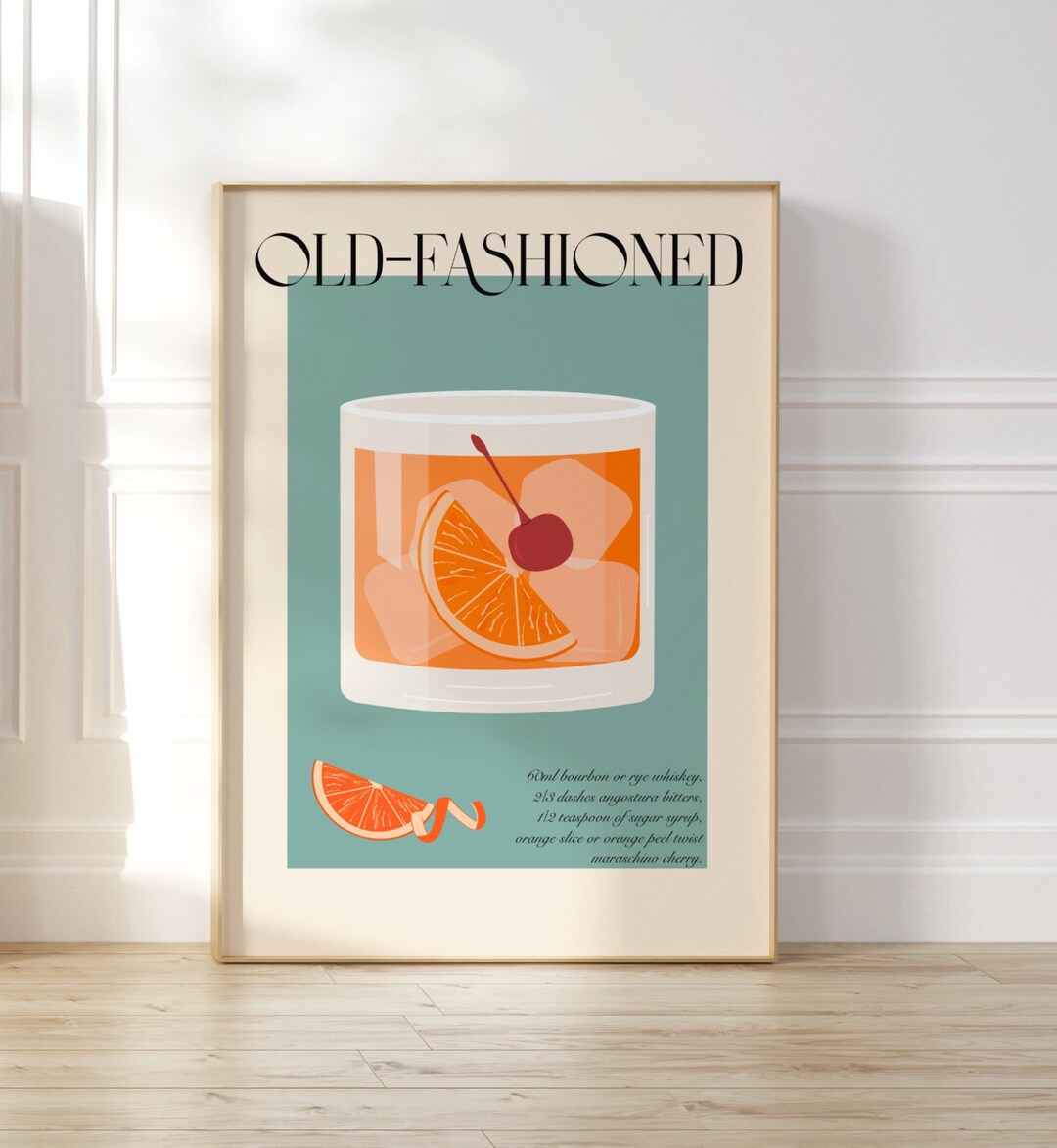 Old Fashioned Cocktail Poster, Retro Drink Recipe Colourful Art ...