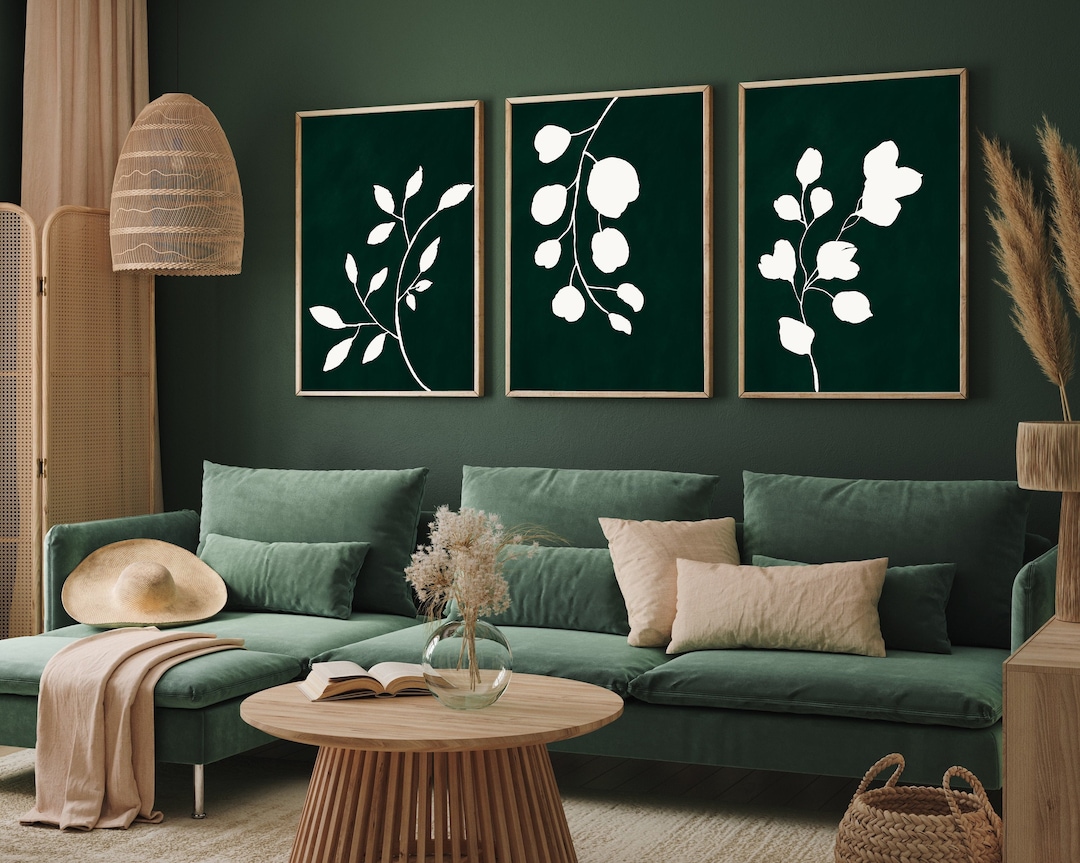Trendy Emerald Green Wall Art, Set of 3 Green Textured Art, Botanical ...