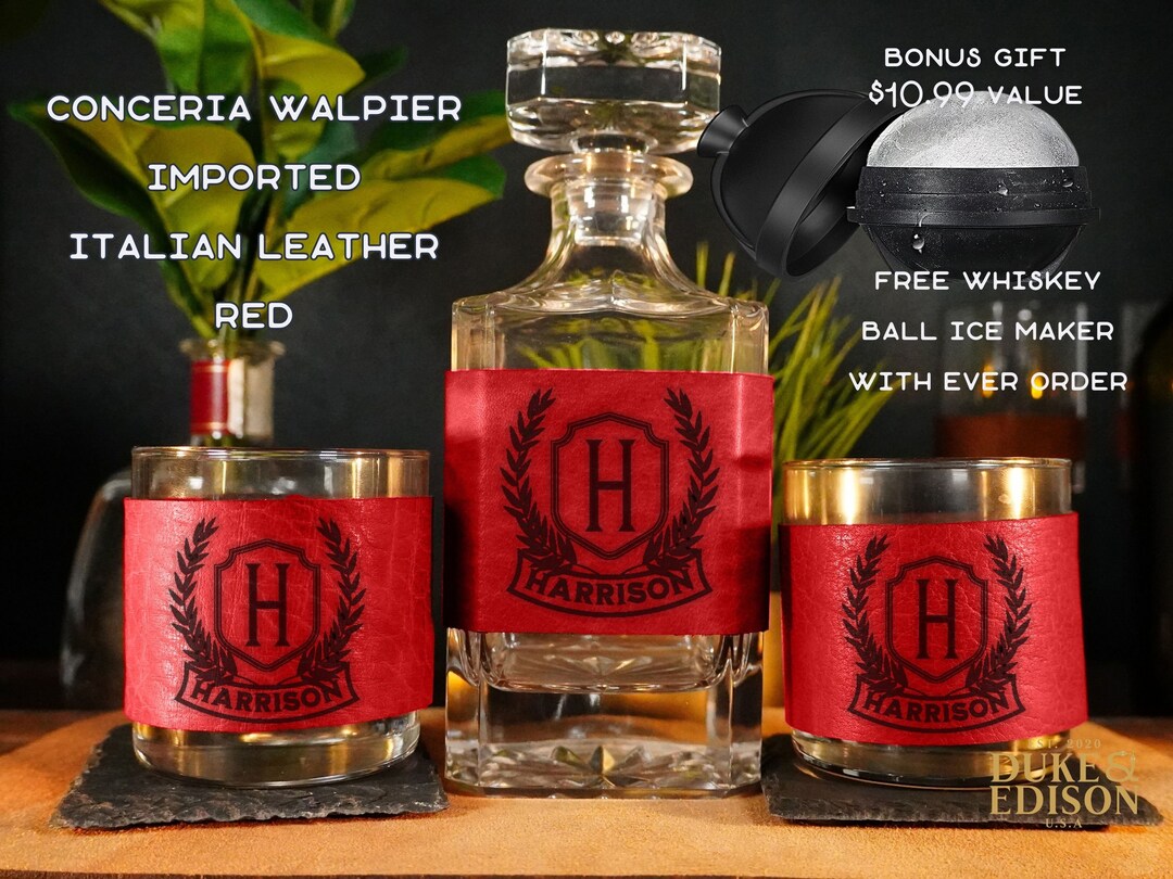 Whiskey Decanter Set Custom Engraved Italian Leather Handmade Barware T Luxury Whiskey