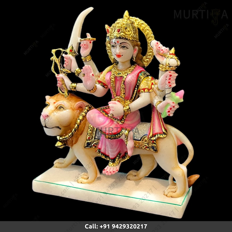 Yellow Pink Durga Ma Idol for Home-white Painted Makrana Marble Bengali ...
