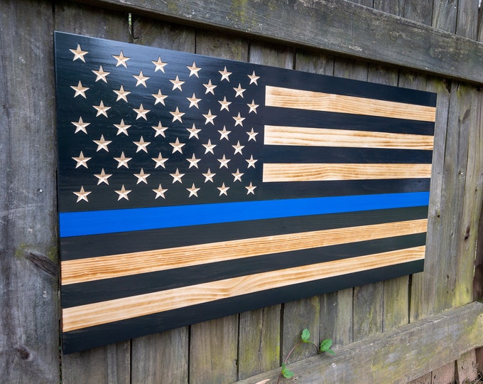 Blue Line Wooden Flag, Police Badge Flag, Wooden Signs, Custom Sign ...
