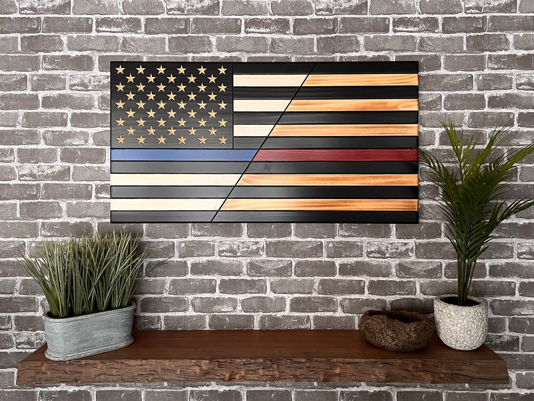 Subdued Wooden American Flag Gift - Patriotic Wall Art, Thin Blue Line ...