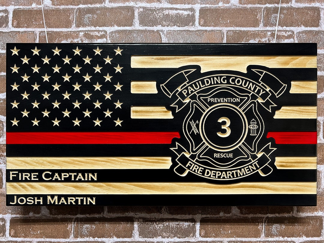 Firefighter Personalized Carved Wooden Logo American Flag With Thin Red Line, Promotion ...