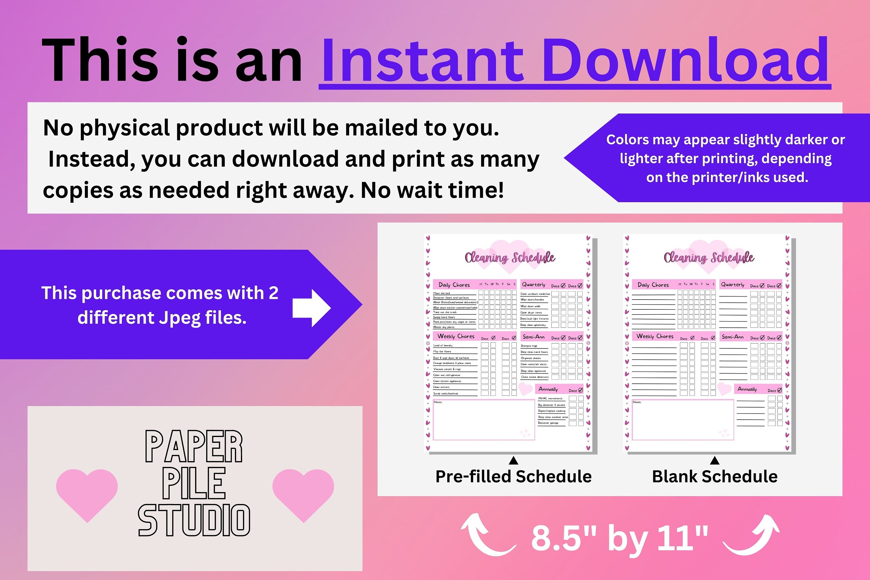 Printable Cleaning Schedule Checklist Cute Pink Hearts Theme Daily ...