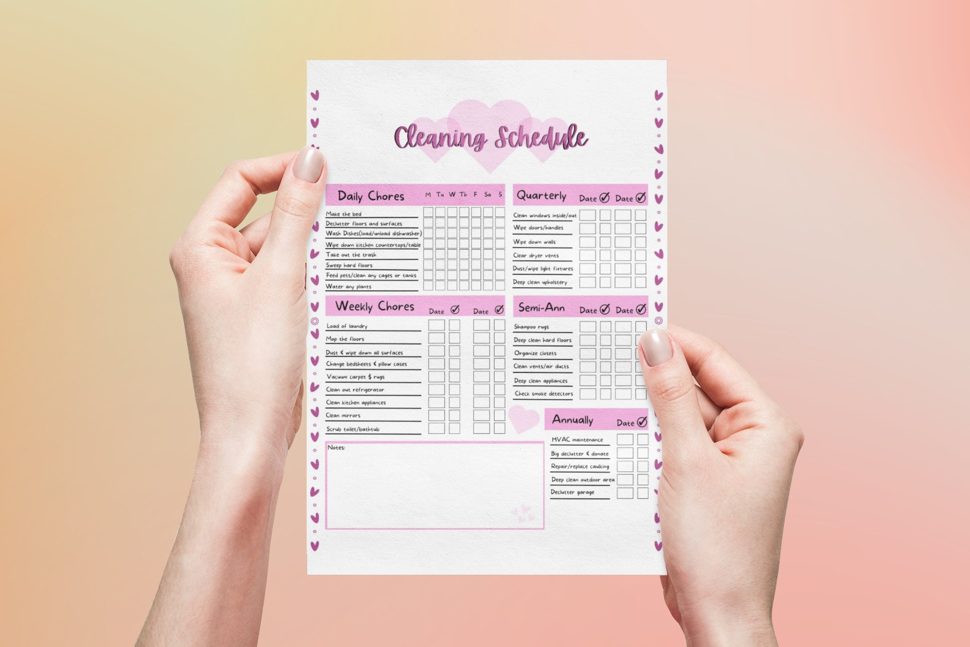Printable Cleaning Schedule Checklist Cute Pink Hearts Theme Daily ...