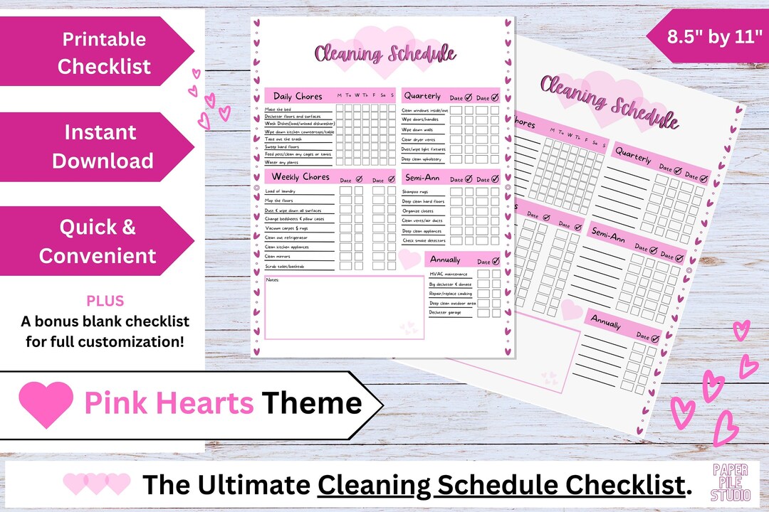 Printable Cleaning Schedule Checklist Cute Pink Hearts Theme - Etsy ...