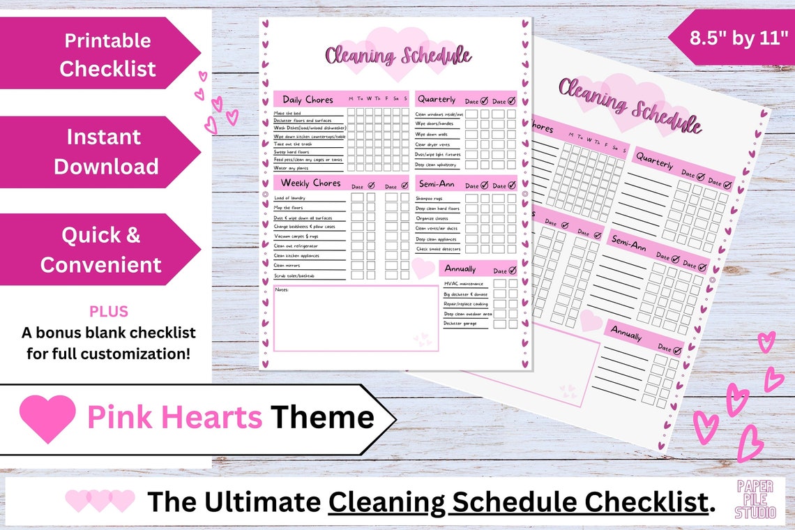 Printable Cleaning Schedule Checklist Cute Pink Hearts Theme Daily ...