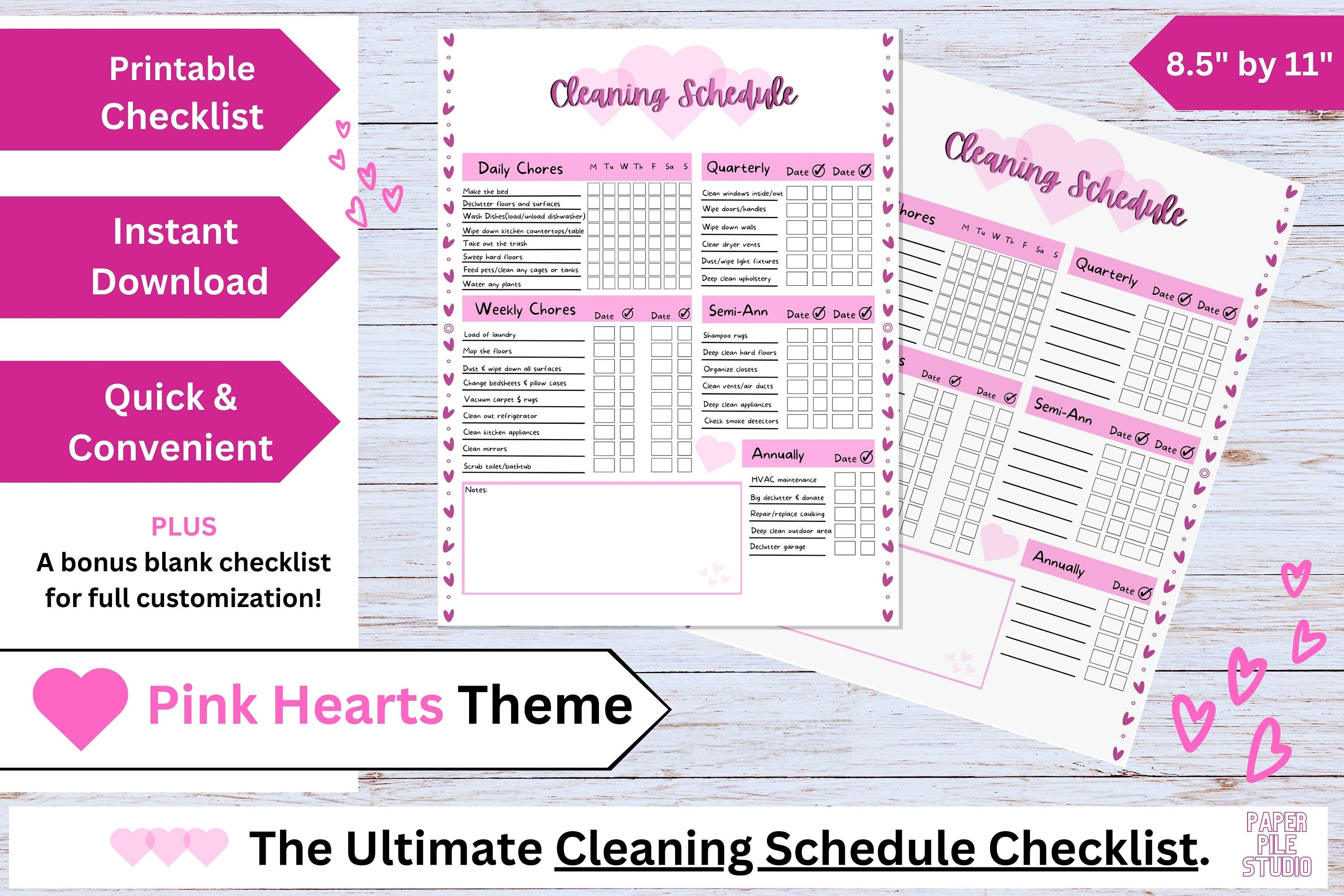 Printable Cleaning Schedule Checklist Cute Pink Hearts Theme Daily ...