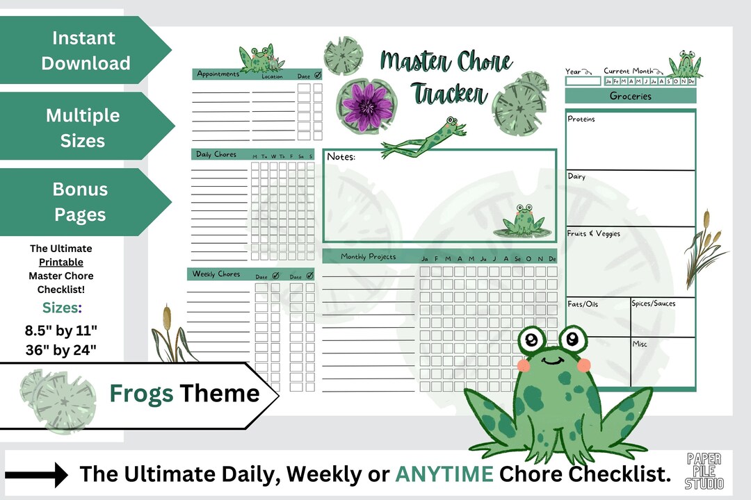 Printable Cleaning Schedule Chores Green Frogs Theme Checklist | Task ...