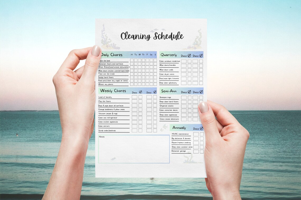 Printable Cleaning Schedule Checklist Beach Ocean Theme | Daily Weekly ...