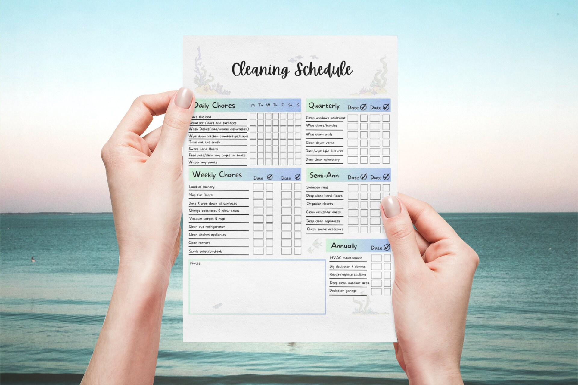 Printable Cleaning Schedule Checklist Beach Ocean Theme | Daily Weekly ...