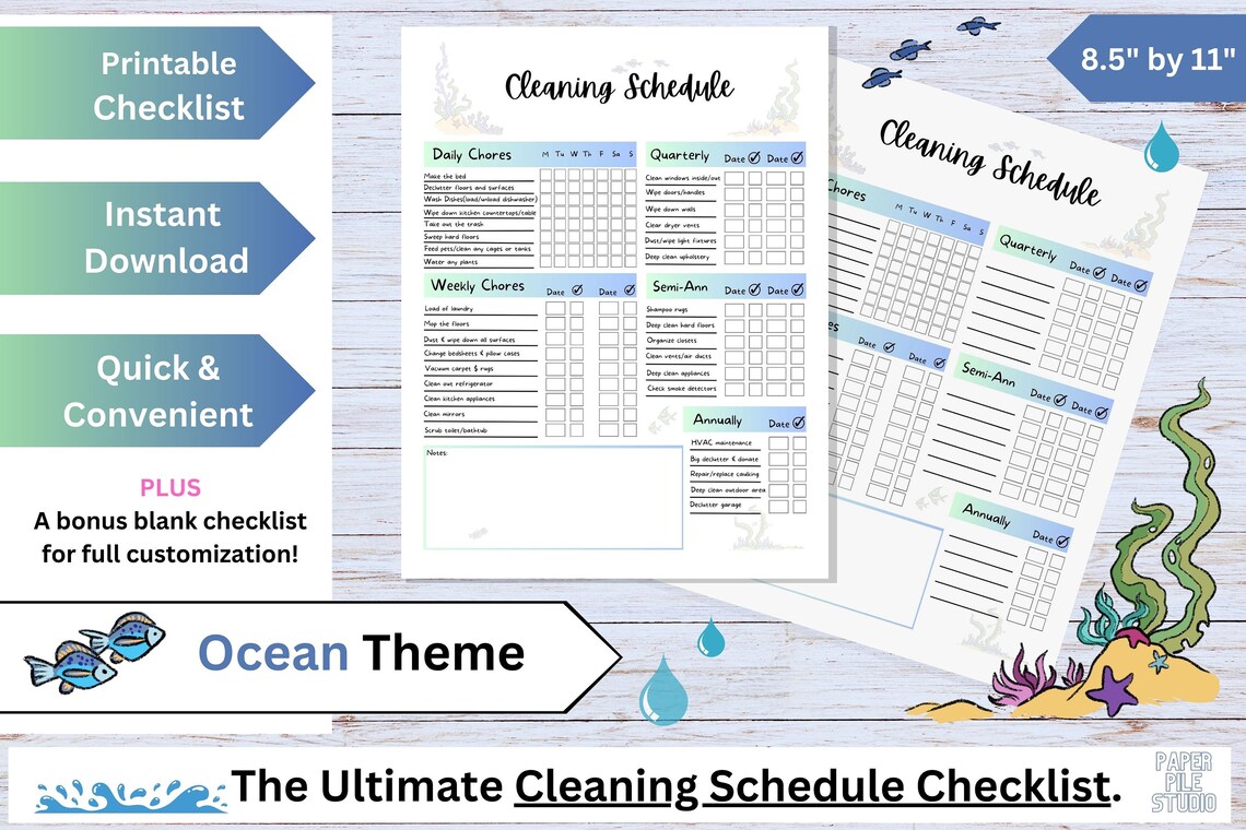Printable Cleaning Schedule Checklist Beach Ocean Theme | Daily Weekly ...