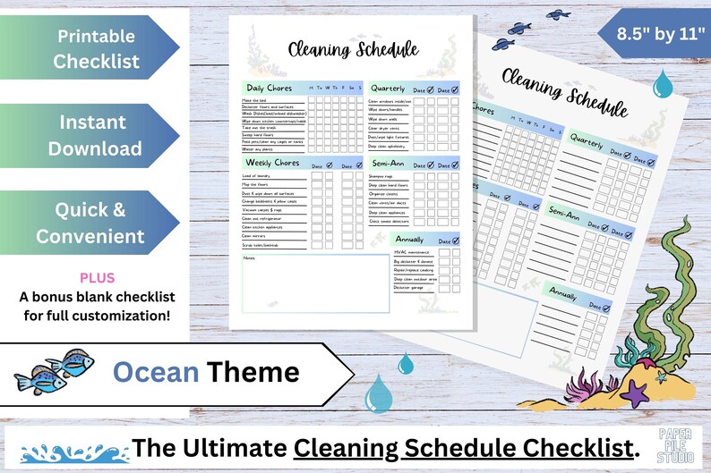 Printable Cleaning Schedule Checklist Beach Ocean Theme Daily Weekly ...