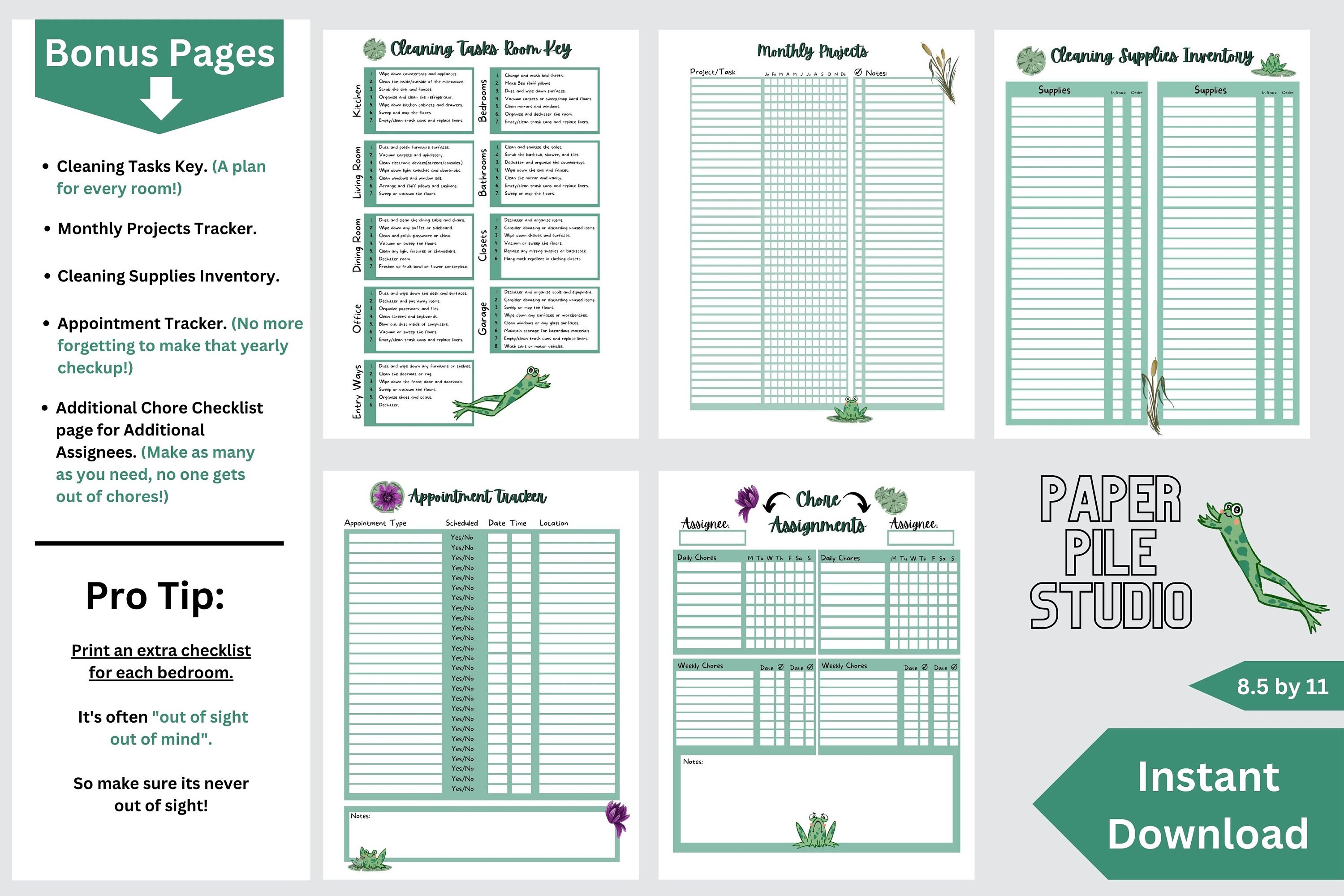 Printable Cleaning Schedule Chores Green Frogs Theme Checklist | Task ...