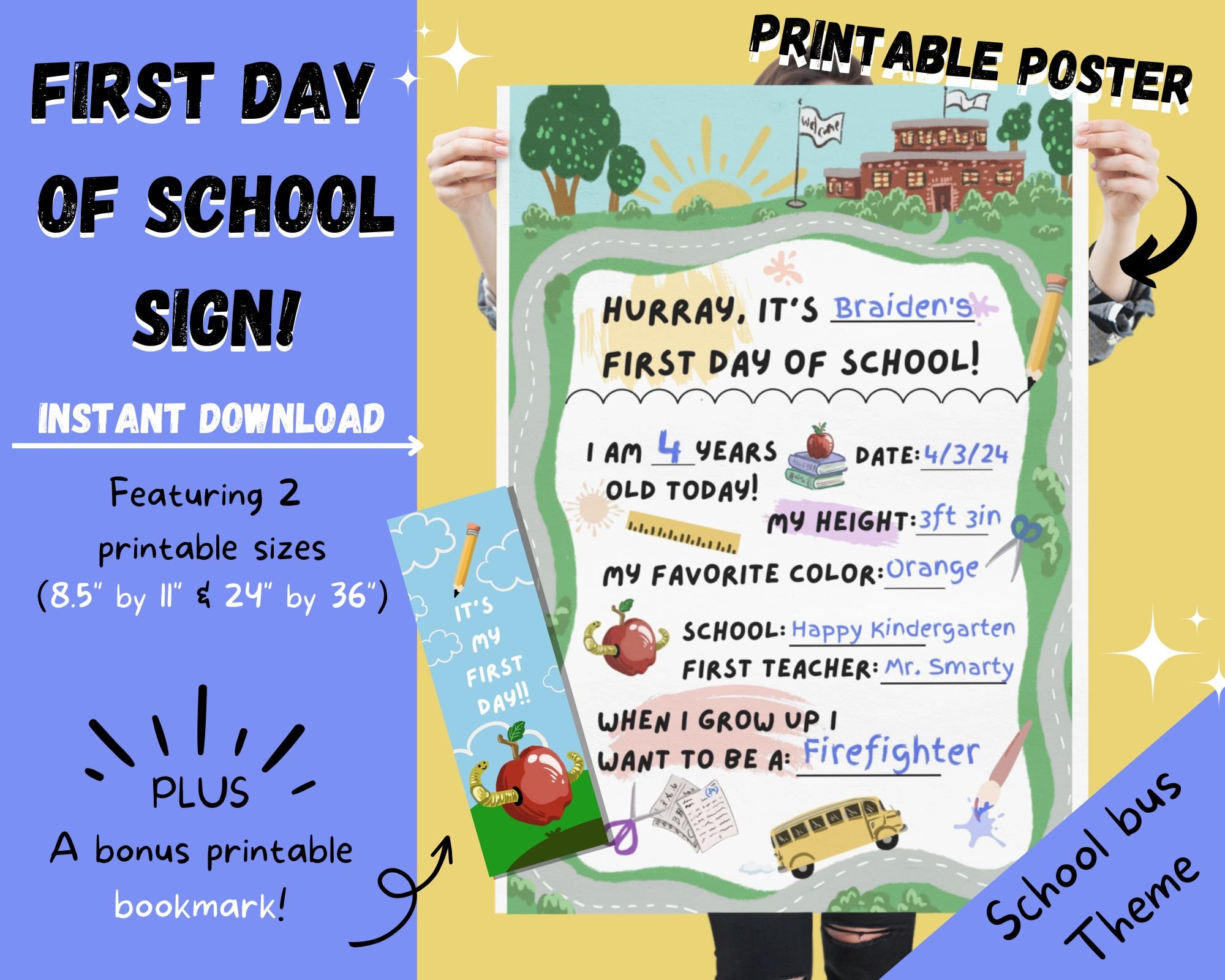 First Day of School Printable Poster Sign | Kids Schoolbus Downloadable ...