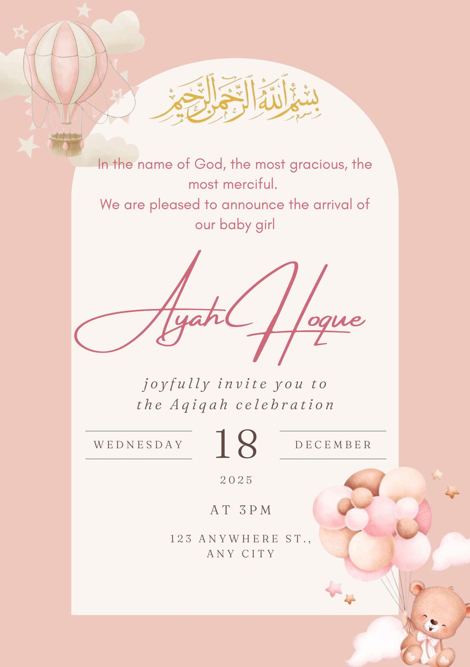 Aqeeqah Invitation, Muslim Baby Birth Announcement, Islamic Aqiqa ...