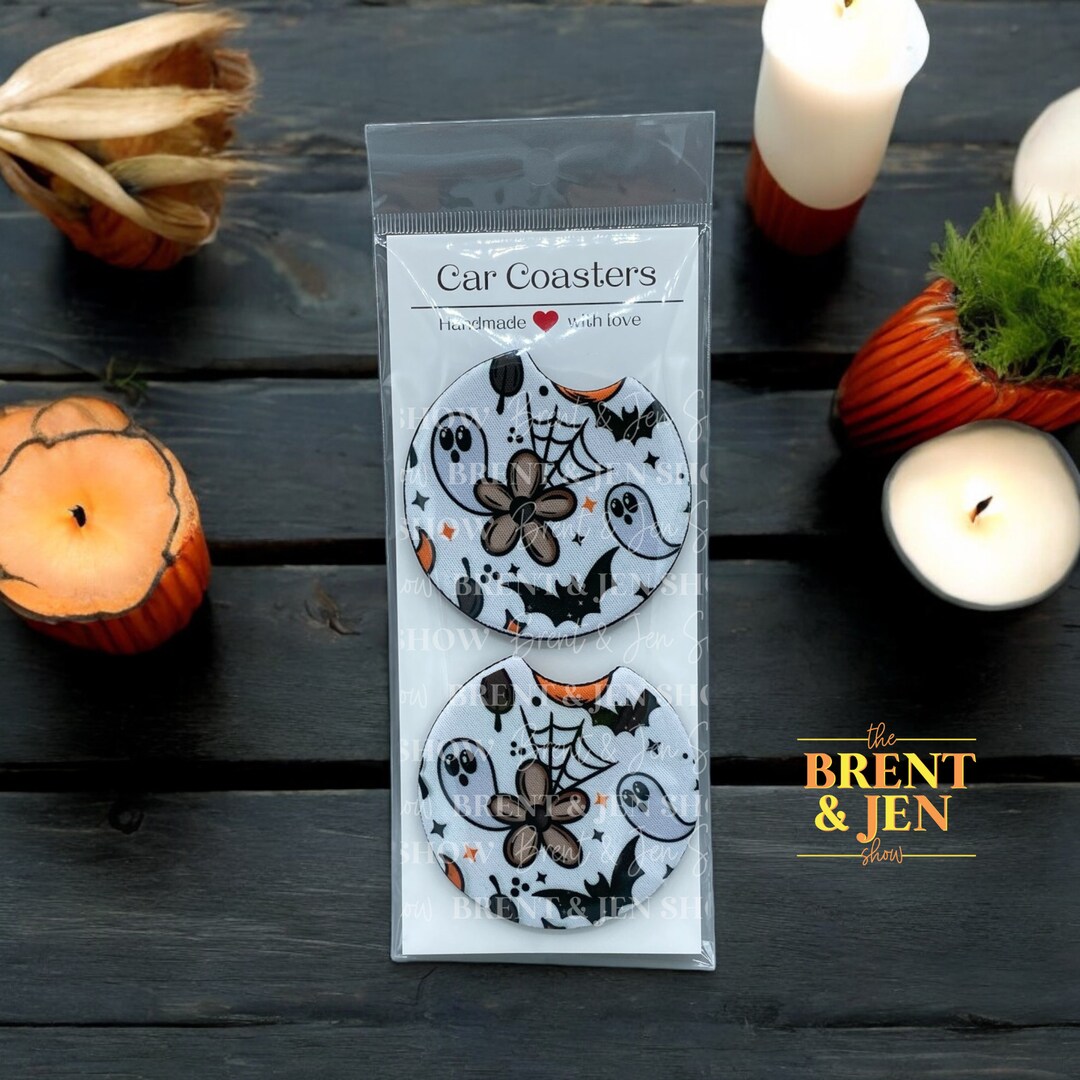 Spooky, Cute Ghost Floral Car Coasters, Cute Car Accessory, Seamless ...