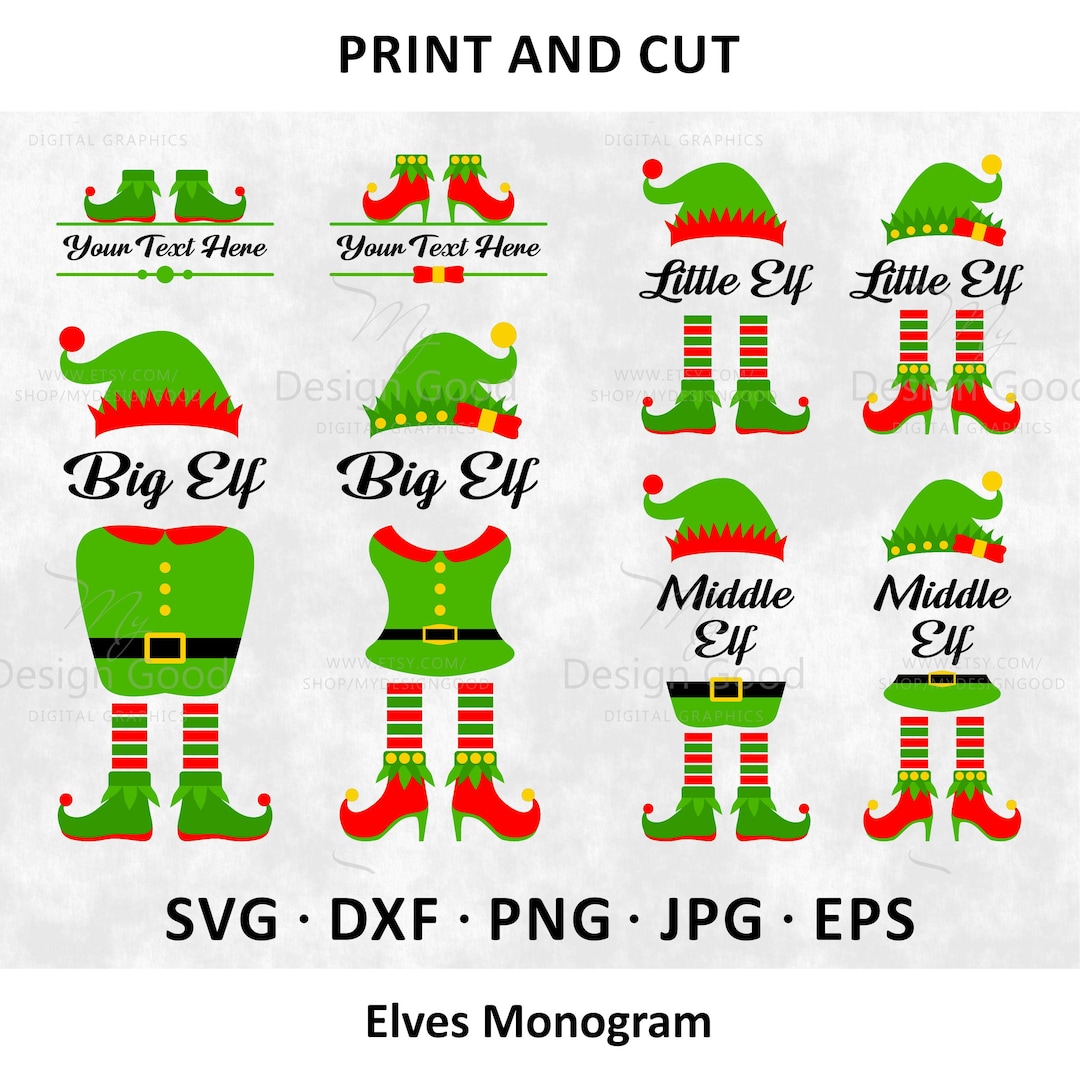 Elf Monogram SVG, PNG. Bundle Elves Family Monogram. Elf Hat and Legs ...
