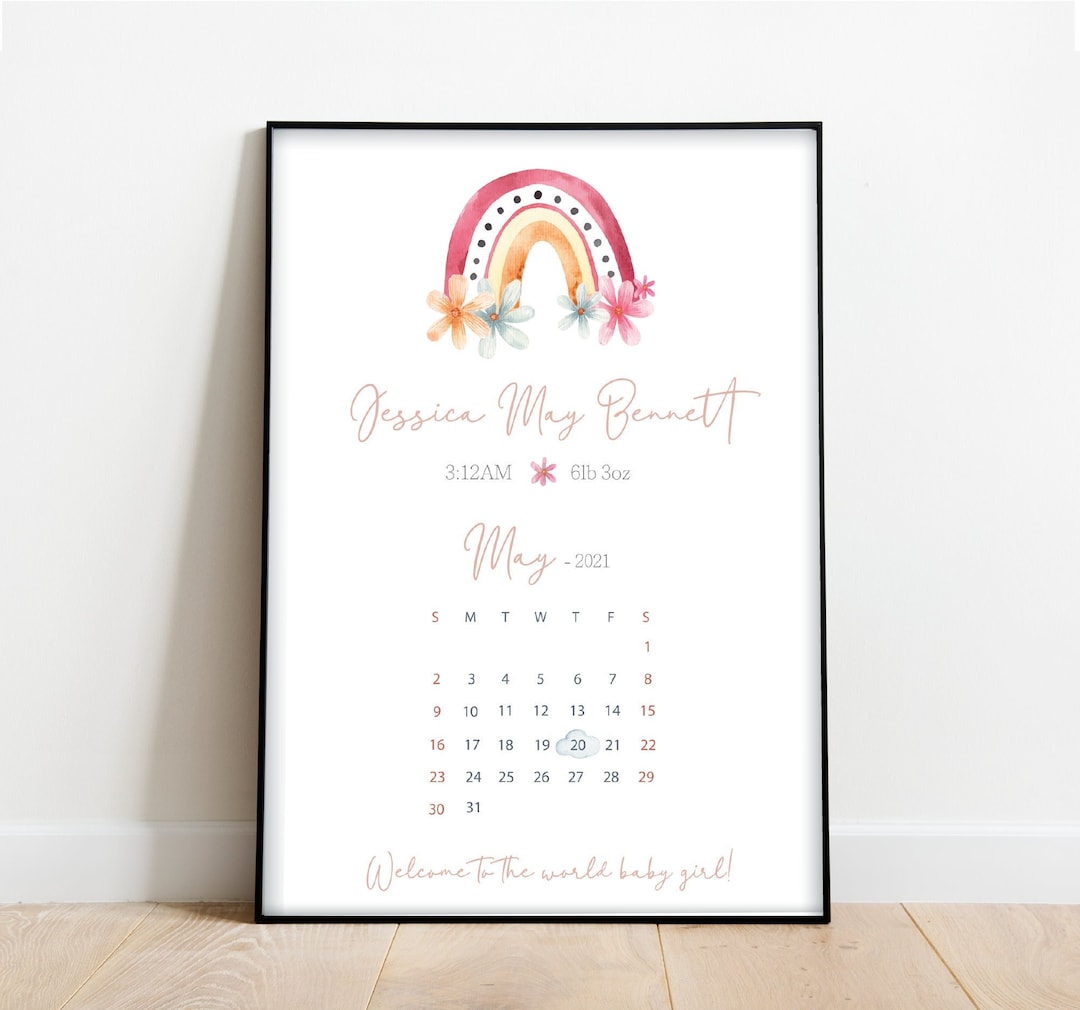Personalised Rainbow Calendar Birth Print | New Baby Gift | Girls ...